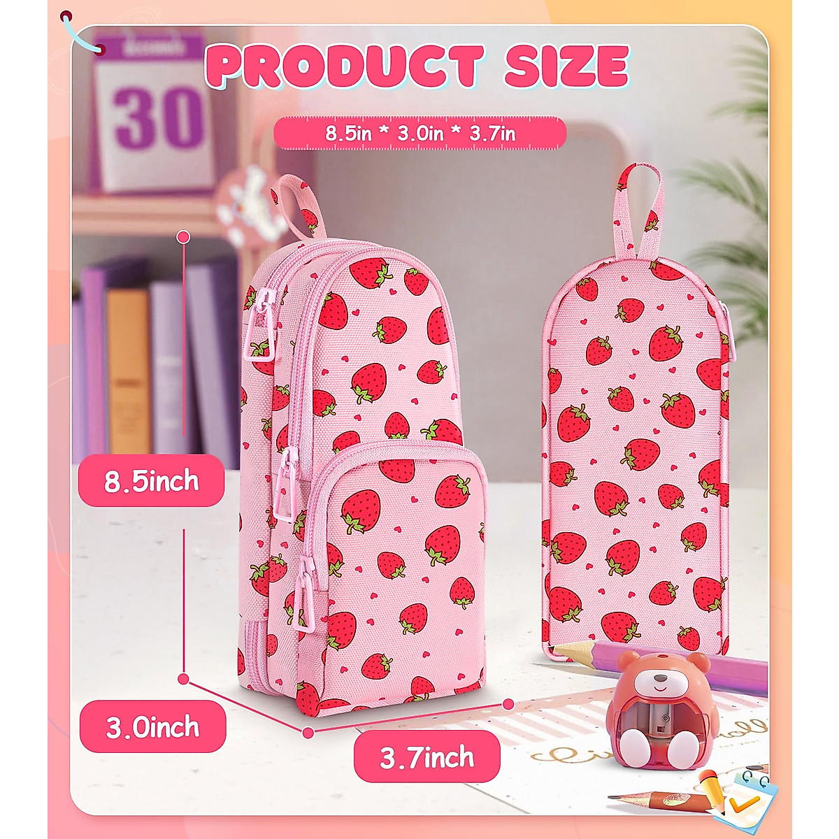 LISEVO Cute Strawberry Pencil Case,Unique Aesthetic 3D Schoolbag-Shaped Pencil Pouch for Girls Boys Kids Women,Big Capacity Pen and Pencil Stationery Organizer Bag with Zippers for School Office