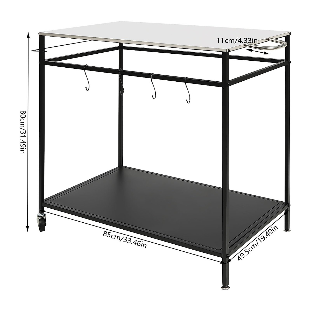 Mobile Double-Shelf Outdoor Grill Cart, Stainless Steel Dining Cart Table with Hooks and Handles, Portable Dining Table for Pizza Oven, Portable Grill Table with Storage Space