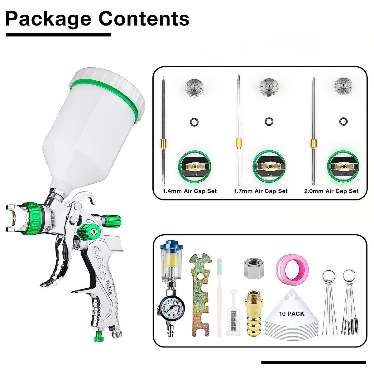YUZES HVLP Spray Gun with 1.4/1.7/2.0mm Copper Nozzles, Automotive Paint Gun Set, Spray Paint Gun with Air Regulator and 10 PCS Paper Funnel, Paint Gun for Cars Primer, Furniture, DIY (Green)