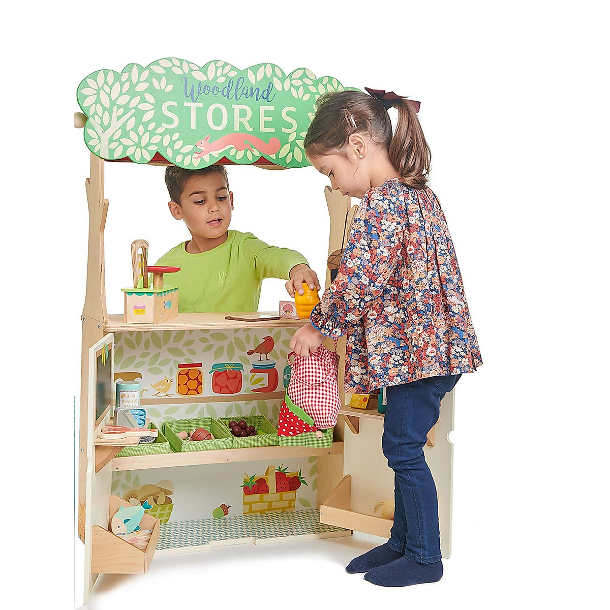 Tender Leaf Toys Woodland Store and Puppet Theater – 2 Sided Reversible Grocery Stand and Hand Puppeteer Stage - Social, Creative, and Imaginative Development – Expressive Role Play – Ages 3 Years +