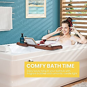 VIVOHOME Expandable 43 Inch Bamboo Bathtub Caddy Tray with Smartphone Tablet Book Holders, Soap Tray, Wine Glass Slot, Brown