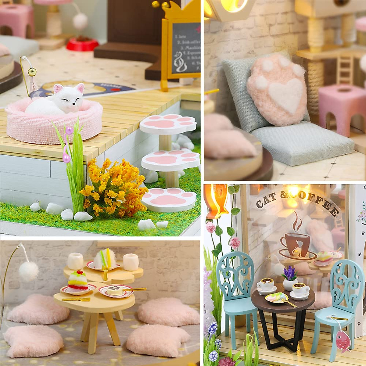 SYW DIY LED Lights Miniature Dollhouse Kit Cat Coffee Doll House Model Wooden Furniture for Christmas 's Day Creative Gifts with Dust Cover and Music （Cat Coffee Shop ）