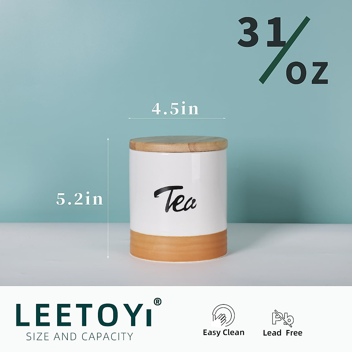 LEETOYI Ceramic Food Storage Containers with Lid,Modern Farmhouse Kitchen Decor, Countertop Food Storage Caddy Organizer, 4.5Inch 31oz (Labeled Tea)