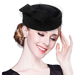Z&X Winter Wool Fascinator British Pillbox Hat Women Wedding Church Derby Beret Hat Veil Bow Fedoras Black