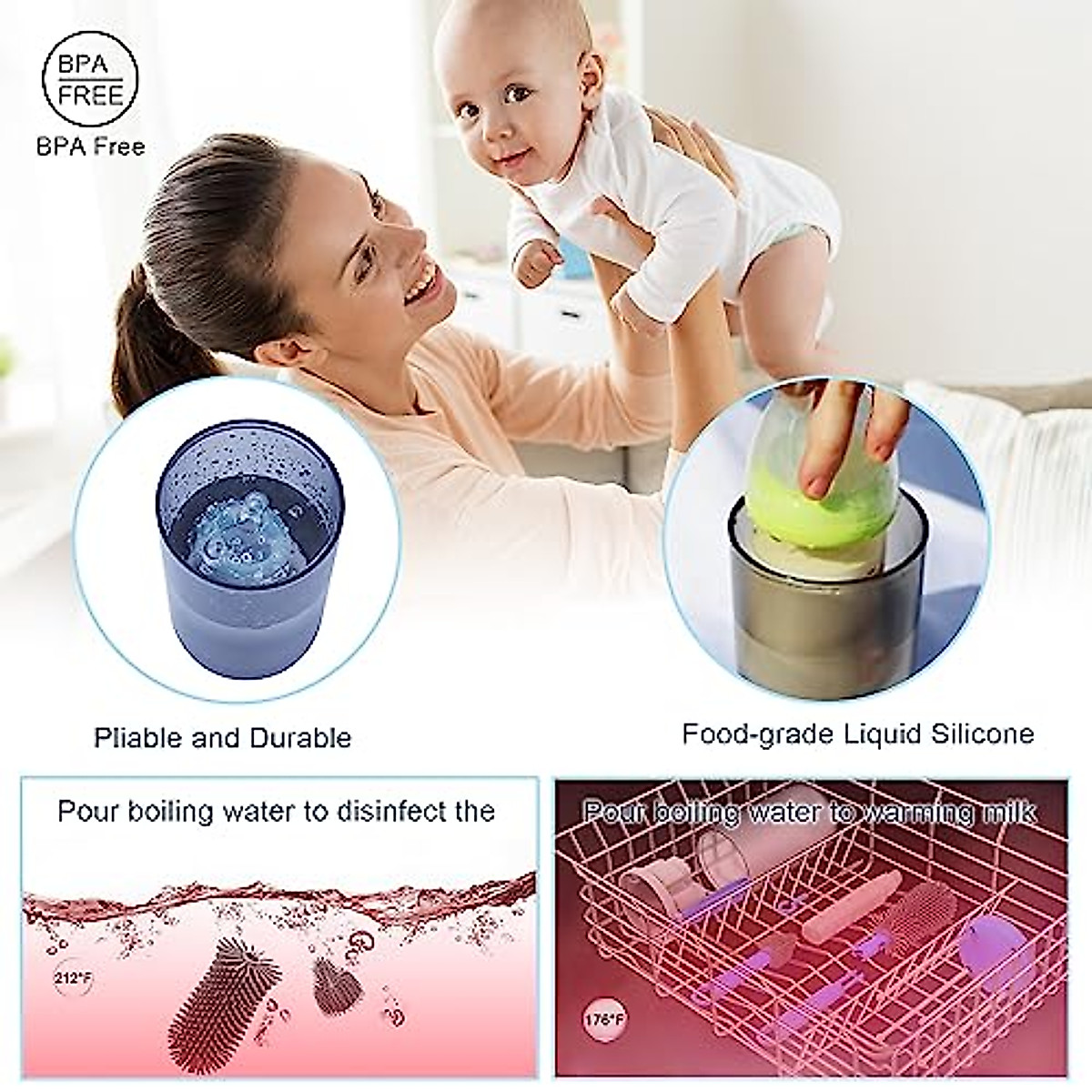 Travel Bottle Cleaner Kit with Baby Bottle Drying Rack, Silicone Liquid Brush, Nipple Brush, Straw Brush, Bottle Soap Dispenser, Baby Bottle Scrubber Brush - Portable Baby Bottle Brush Set, Blue