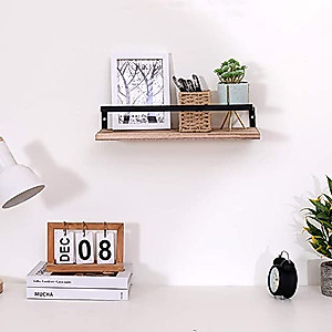 INSTORY Set of 2 Floating Shelves Wall Mounted Shelf Solid Wood Hanging Shelf Wall Storage Shelves with Protective Guards Towel Holders and Hooks - Natural Wood