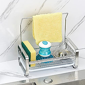 Dish Racks, Sponge Holder, Sink Caddy Organizer for Soap, Brush and Sponge, Sink Tray Drainer Rack with Removable Drain Pan & Anti-Slip Pads ,SUS304 Stainless Steel Dish Cloth Hange