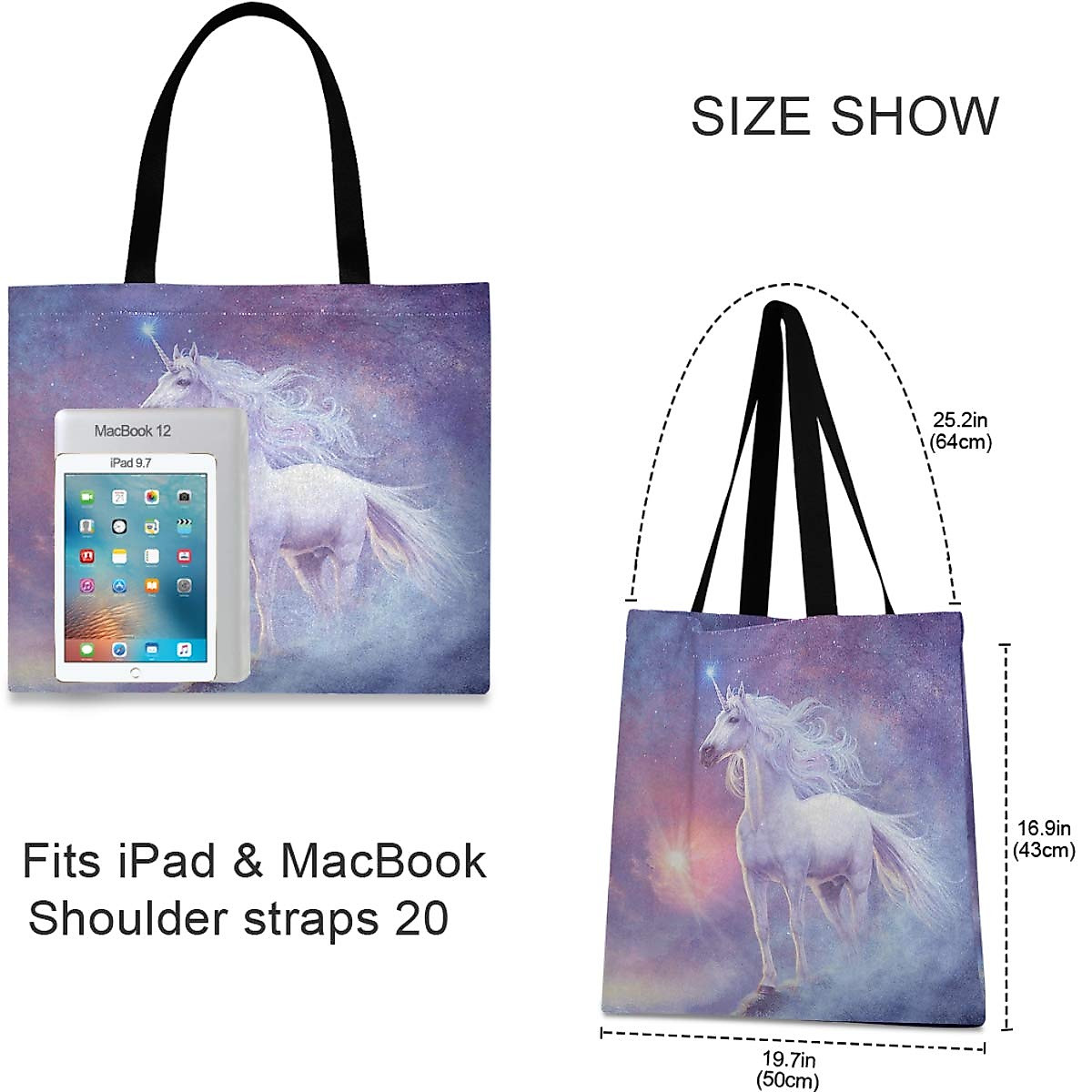 visesunny Women's Large Canvas Tote Shoulder Bag Unicorn Top Storage Handle Shopping Bag Casual Reusable Tote Bag for Beach,Travel,Groceries,Books