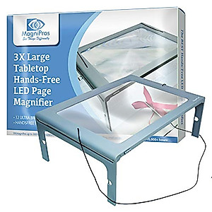 3X Large Full Page Magnifier with 12 LED Lights[Provide Evenly Lit Viewing Area], Foldable Flip-Out Legs, Dual Power Supply Modes- Ideal for Hands Free Reading, Low Vision, Seniors with Aging Eyes