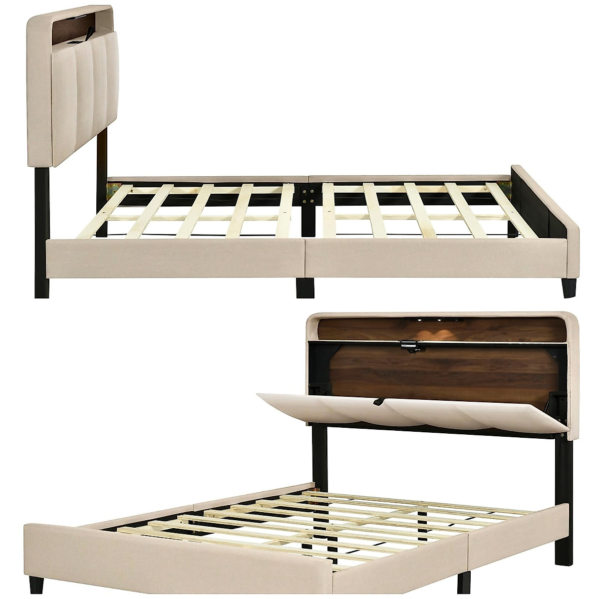 ChicFurnit Full Size Upholstered Platform Bed with Storage Headboard, Sensor Light and a Set of Sockets and USB Ports, Linen Fabric, Beige