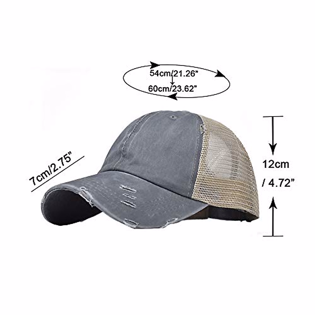 Eohak Distressed Ponytail Hats Baseball for Women Messy-Bun Pony Caps (Black+Grey)