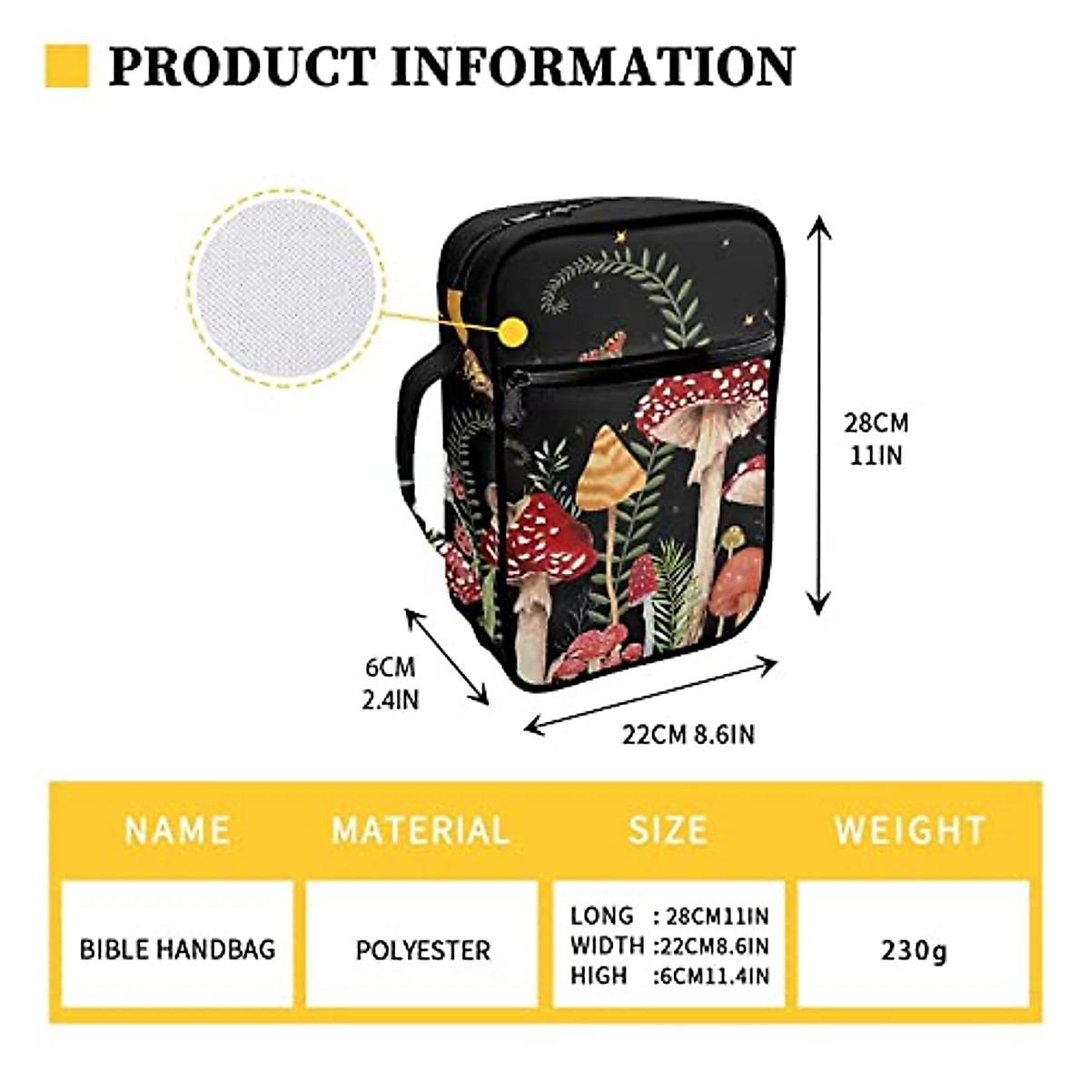 Suhoaziia Bible Case, Mushroom Bible Cover with Handle and Zipper Pocket, Bible Books, Church Tote Bag for Girls Boys