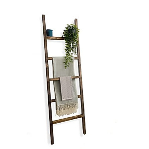 Wood Decorative Wall Leaning Blanket Ladders Bathroom Storage Quilt Towel Display Rack Shelf Holder Rustic Farmhouse, Brown