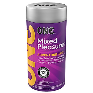 ONE® Condoms Mixed Pleasures™ | Variety Condom Pack | Thin Condoms, Glow in The Dark Condoms, Studded Condoms | 12 Pack