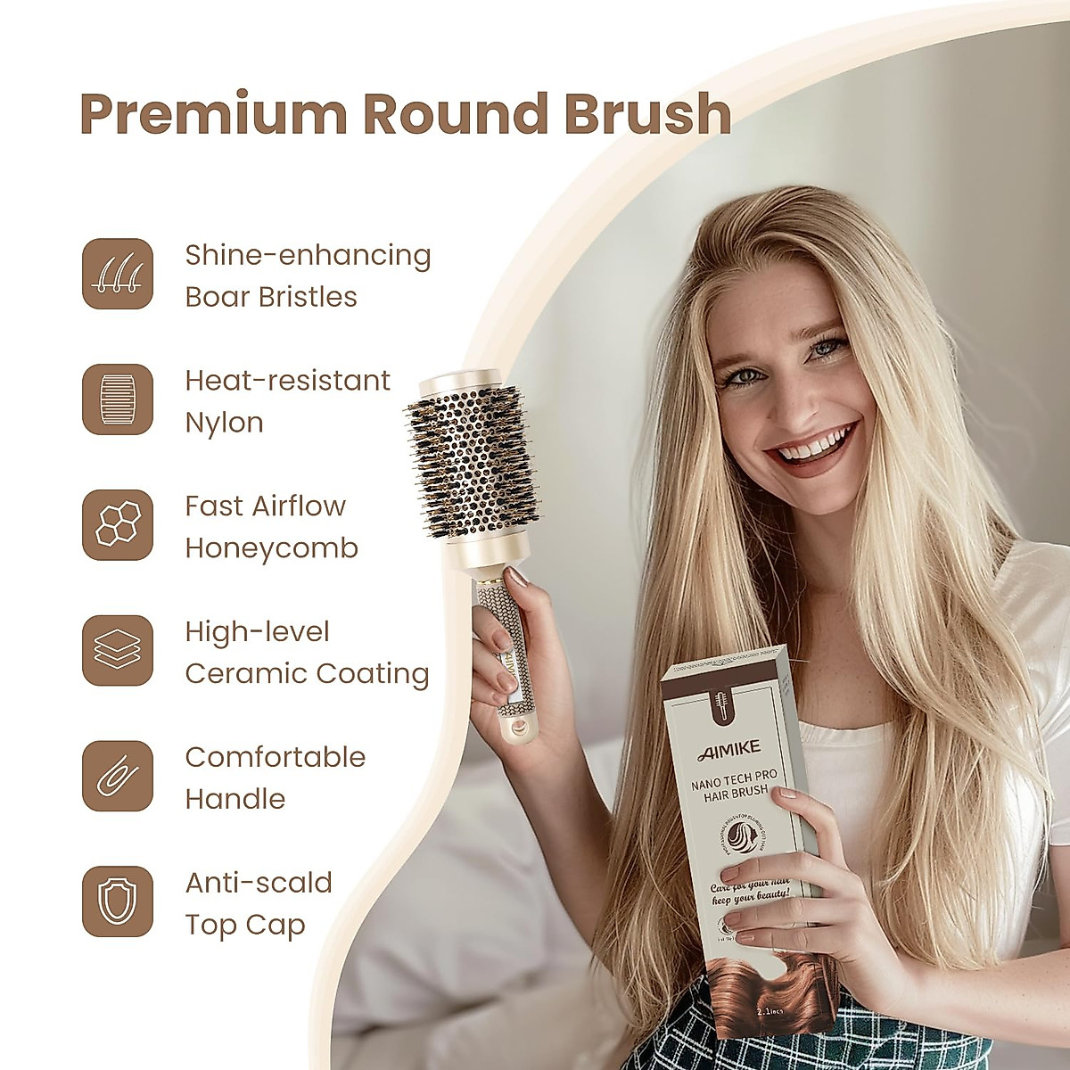 AIMIKE Round Hair Brush, Nano Thermal Ceramic & Ionic Tech, 2.1 Inch Barrel with Boar Bristles for Enhanced Texture, Golden, Hair Drying, Styling, Curling and Shine + 4 Free Clips