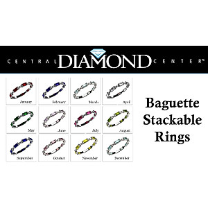Central Diamond Center Stackable Ring Baguette Cut Platinum Plated Silver - Size 6 - Simulated Sapphire - Sept. Birthstone