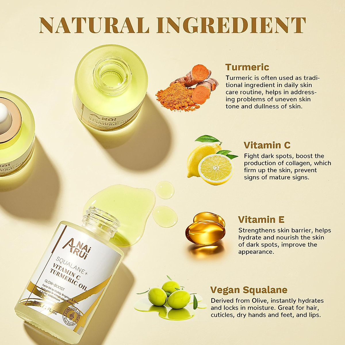 ANAI RUI Squalane Vitamin C Turmeric Facial Oil Moisturizer for Face, Hydrates, Firms Skin, 1fl.Oz.