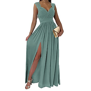 Dokotoo Womens Ladies Elegant Floor Length A Line Wrap Deep V Neck Backless Ruched Pleated Ruffled Split Long Maxi Formal Evening Party Prom Dress Bridesmaid Wedding Guest Dresses for Women Green L