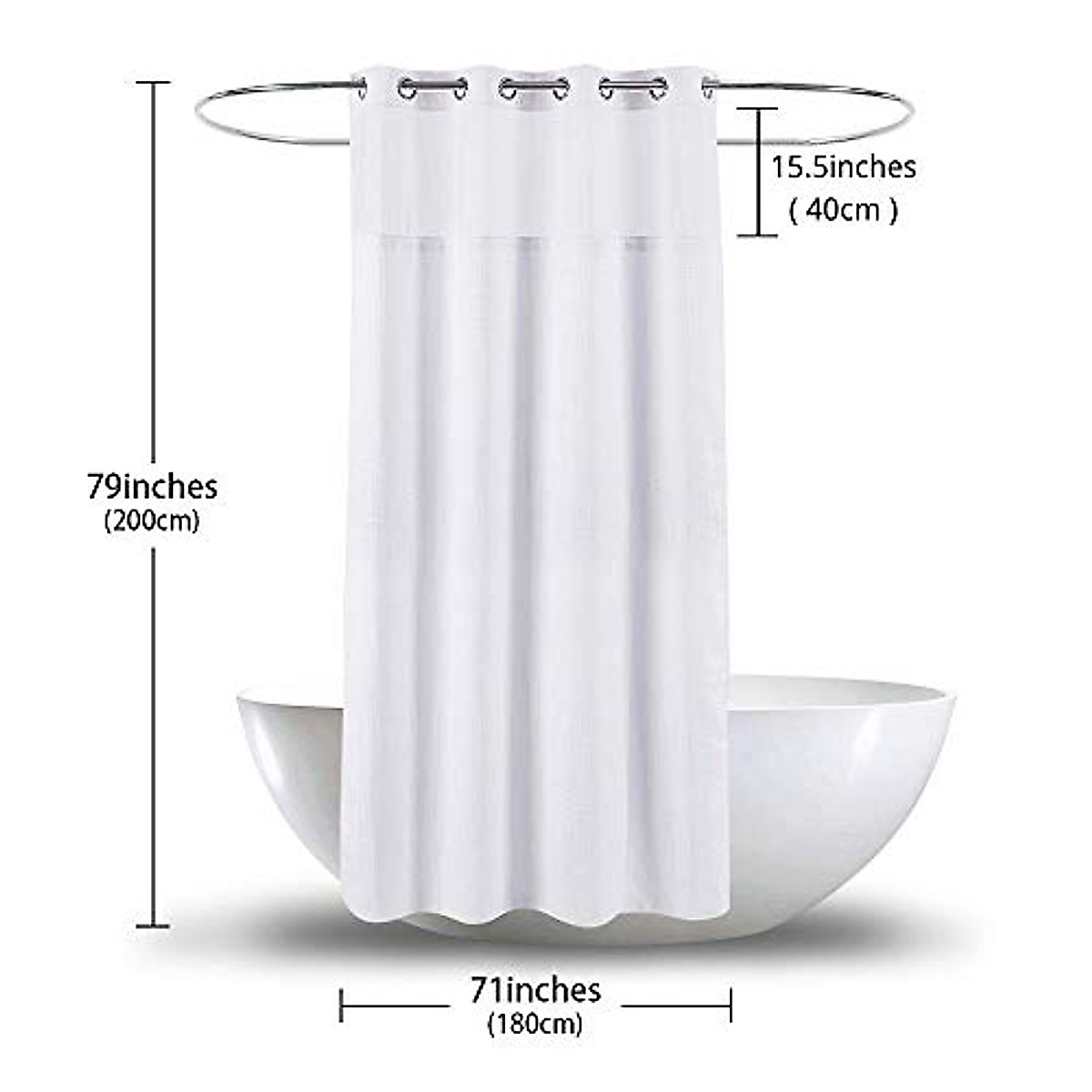 Ecoehoe Hotel Grade Waffle Weave Fabric Hook Free Shower Curtain with Magnets Snap-in Liner - Heavy Duty Bath Curtain with See Through Top Machine Washable 71" W * 79“ L White