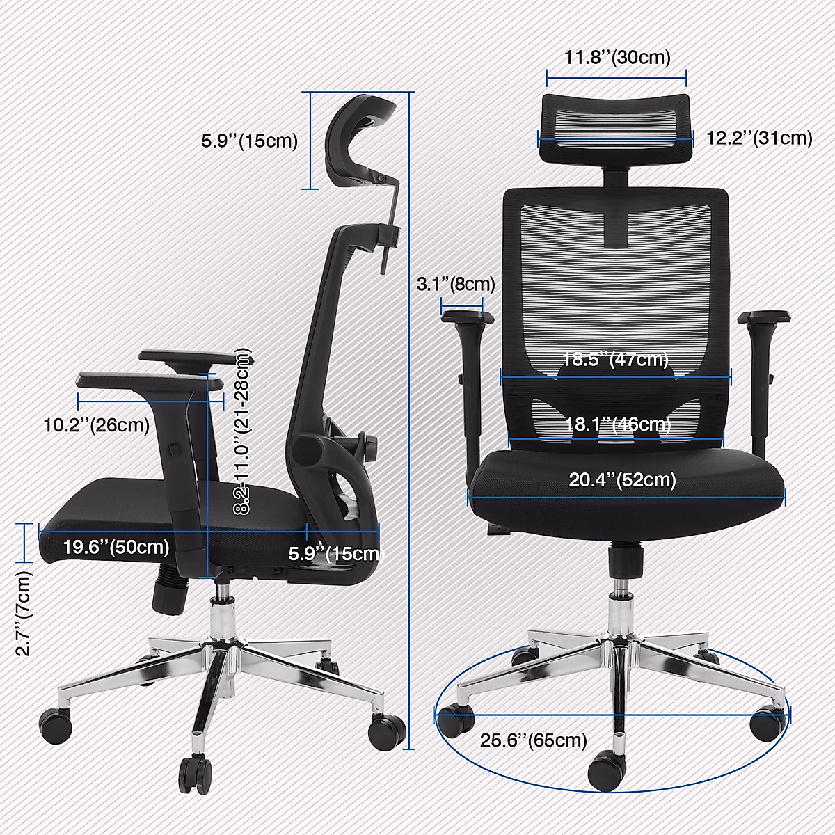 Ergonomic Office Chair with Adjustable Headrest, Lumbar Support, Mesh Desk Chair, Swivel Executive Task Chair, Computer Chair