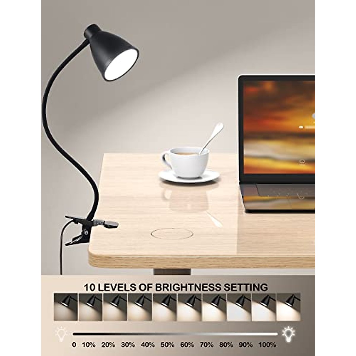 BOHON Desk Lamp 3 Color Modes 10 Brightness Dimmer Reading Light 10W 38 LED Clamp Lamp with Auto Off Timer 360° Flexible Gooseneck Clip on Light for Bed Bedside, AC Adapter Include