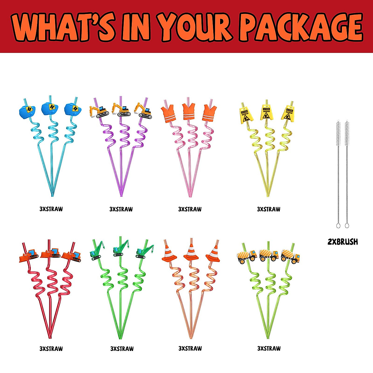 24 PCS Construction Drinking Straws Reusable Excavator Bulldozer Blender Truck Plastic Beverages Cocktail Straw with Cartoon Decoration for Kids Construction Party Supplies Favors, 8 Styles