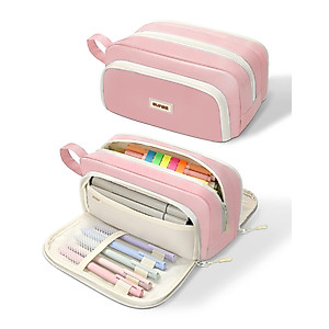 SUNEE Cute Pencil Case, Aesthetic Pen Pouch with 3 Compartments, Kawaii Colored Large Pencil Bag with Zipper, Stationery Storage and Organizer, Pink School Supplies for Teen and Adult Girls