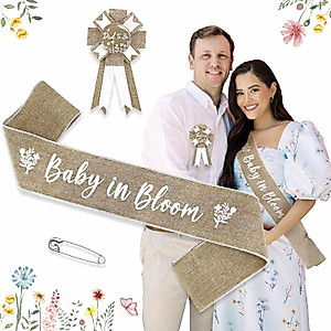 Neutral Mom to Be Sash Baby Shower Decorations,Burlap Baby in Bloom Dad to Be Corsage Wildflower Party Decorations for Pregnant Mommy Dress