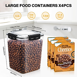 YASHE Large Food Storage Containers with Lids (5.3L/179oz, 4Pack), BPA-Free Airtight Plastic Food Containers, Flour, Sugar, Rice Canisters for Kitchen & Pantry Organization