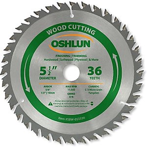 Oshlun SBW-055036 5-1/2-Inch 36 Tooth ATB Finishing and Trimming Saw Blade with 5/8-Inch Arbor (1/2-Inch and 10mm Bushings)