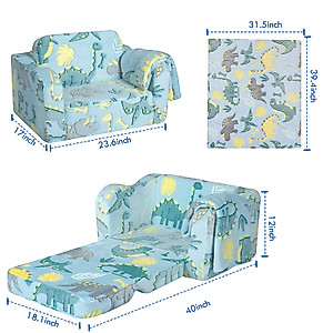 MeMoreCool Dinosaur Toddler Couch, Glow in Dark Foldable Kids Chair, Soft Plush Baby Recliner Sofa for Girls Boys (Blue)