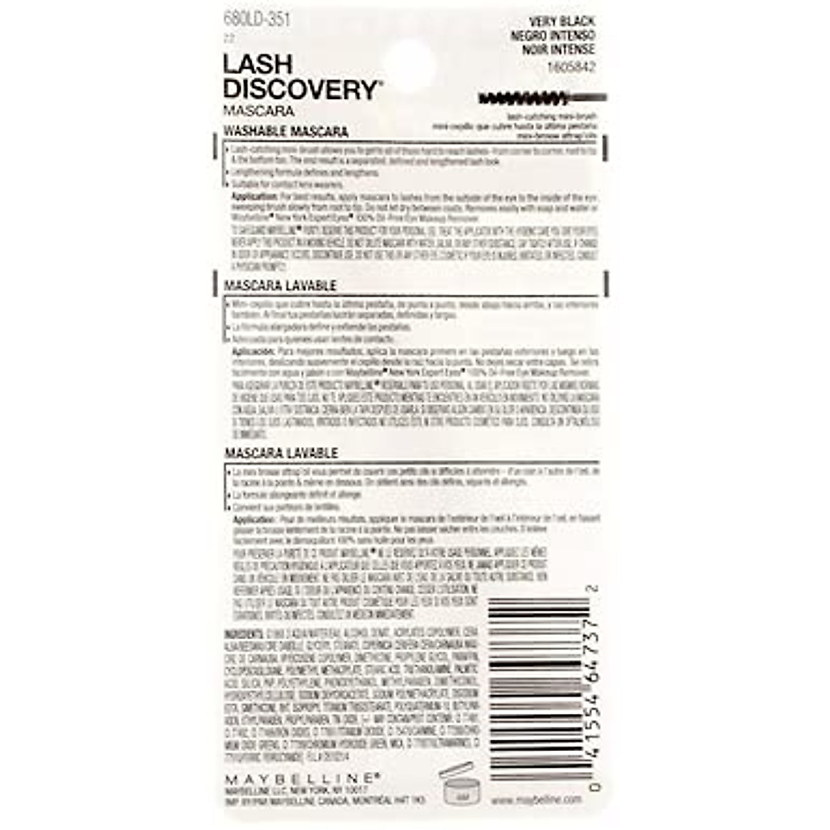Maybelline New York Lash Discovery Washable Mascara, Very Black [351] 0.16 oz (Pack of 2)