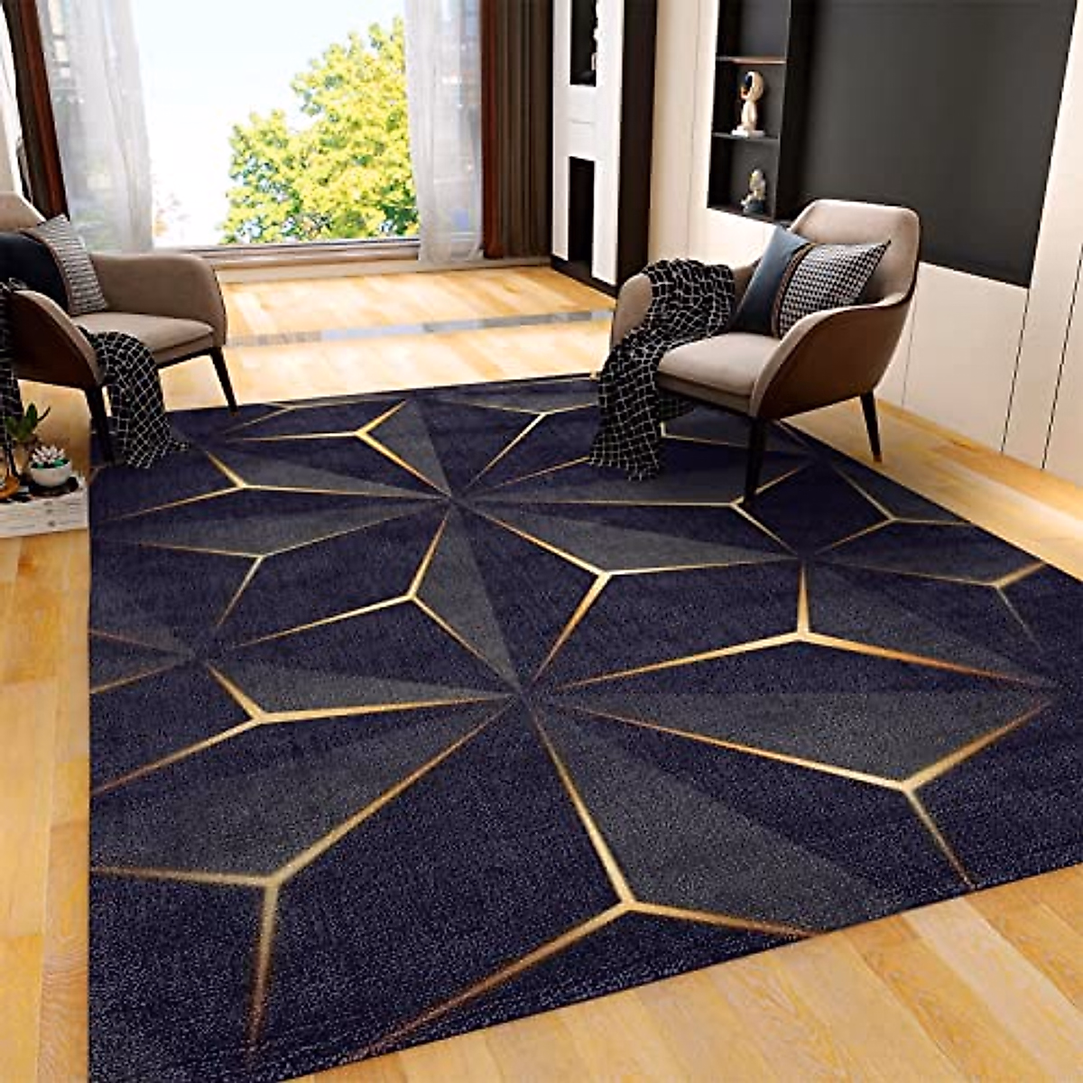 Modern Abstract Art Area Rug, Black Gold Geometry Rugs Floor Carpet, Indoor Non-Slip Rug for Room Sofa Living Room Mat Bedroom Home Decor Floor Mats 6.6' x 5.3'
