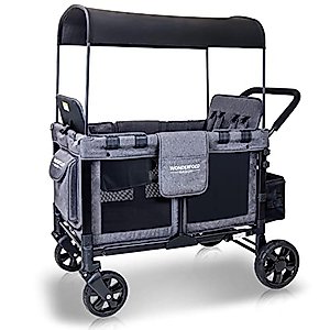 WONDERFOLD W4 Original Quad Stroller Wagon Featuring 4 High Face-to-Face Seats with 5-Point Harnesses, Easy Access Front Zipper Door, and Removable UV-Protection Canopy, Gray