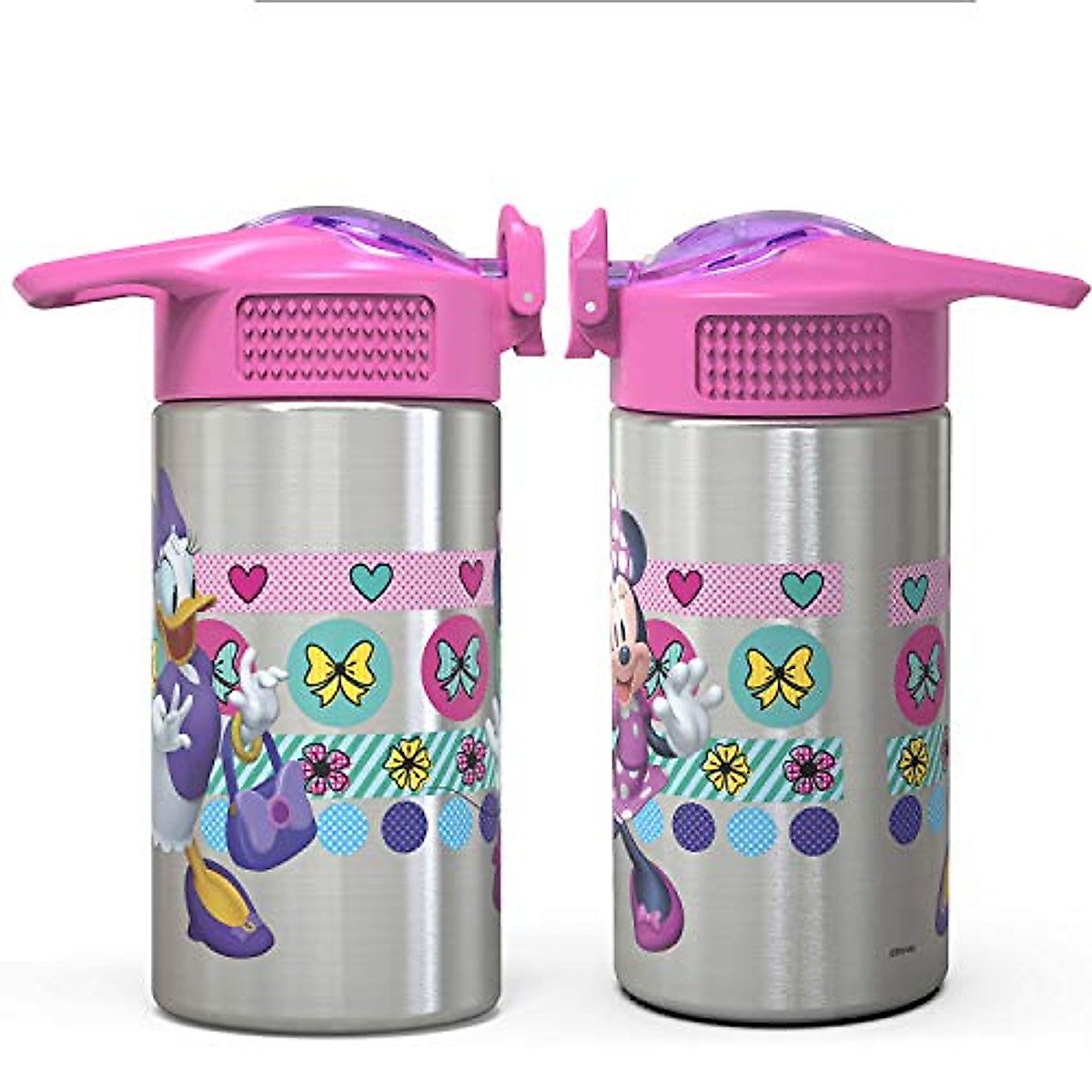 Zak Designs Disney Minnie’s Happy Helpers - Stainless Steel Water Bottle with One Hand Operation Action Lid and Built-in Carrying Loop, Kids Water Bottle with Straw Spout (15.5 oz, 18/8, BPA Free)