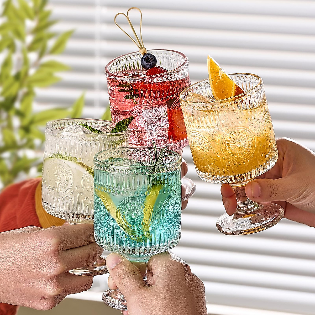 6 Packs Vintage Goblet Glasses, 8 oz Wine Glasses, Embossed Floral Glass Cups Set, Clear Drink Glasses, Drinking Goblets, Bar Tumbler Glassware for Iced Tea, Wine, Beer, Juice, Cocktail, Whiskey