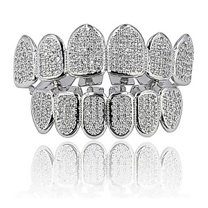 JINAO Fake Diamond Grill 18k Gold Plated All Face Iced Out Luxury Cubic Zirconia Silver Grillz for Your Teeth set with Extra Molding Bars Included Mouth Teeth Grills for Men Women (Silver set)