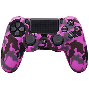 YoRHa Water Transfer Printing Camouflage Silicone Cover Skin Case for Sony PS4/slim/Pro Dualshock 4 Controller x 2(Green+Dark Pink) with Pro Thumb Grips x 8