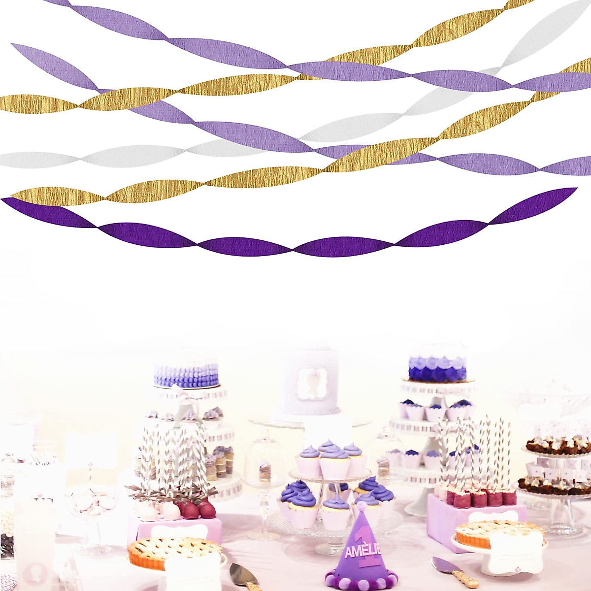 Purple-Gold Party Decorations Crepe-Paper Streamers - 8 Rolls White Purple Lavender Graduation Steamer Woman Birthday Wedding Bridal Shower Paper Garland Mothers Valentines Day Decor Panduola