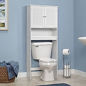 Over The Toilet Storage Cabinet with Adjustable Shelf, Bathroom Organizer Storage Rack, Two Doors, White Over Toilet Bathroom Organizer Paint Smooth Panels and A Black Paint Faux Marble Panel