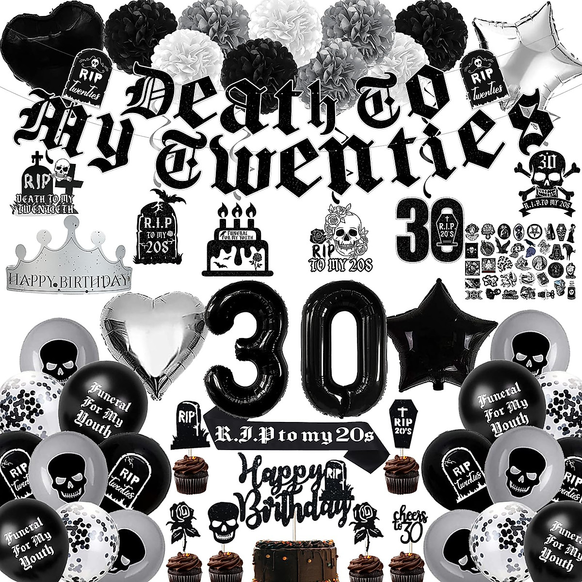 Black 30th Birthday Decorations for Women or Men, Death to My 20s Decorations, Death to My Twenties Banner Number 30 Balloons Rip to My 20s Sash Cake Toppers for Rip 20s Birthday Decorations
