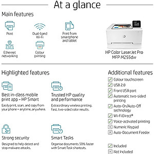 HP Color Laserjet Pro M255dw Wireless Laser Printer Single-Function, White - 22 ppm, 600 x 600 dpi, 8.5 x 14, Auto Duplex Printing, 2.7" Touchscreen, Ethernet, Cbmou Printer Cable