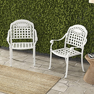 Giantex Stackable Outdoor Chairs Set of 2, All Weather Cast Aluminum Patio Chairs for Lawn Porch Garden Yard, Bistro Dining Chairs with Armrests, Adjustable Foot Pads, Easy Assembly (1, White)