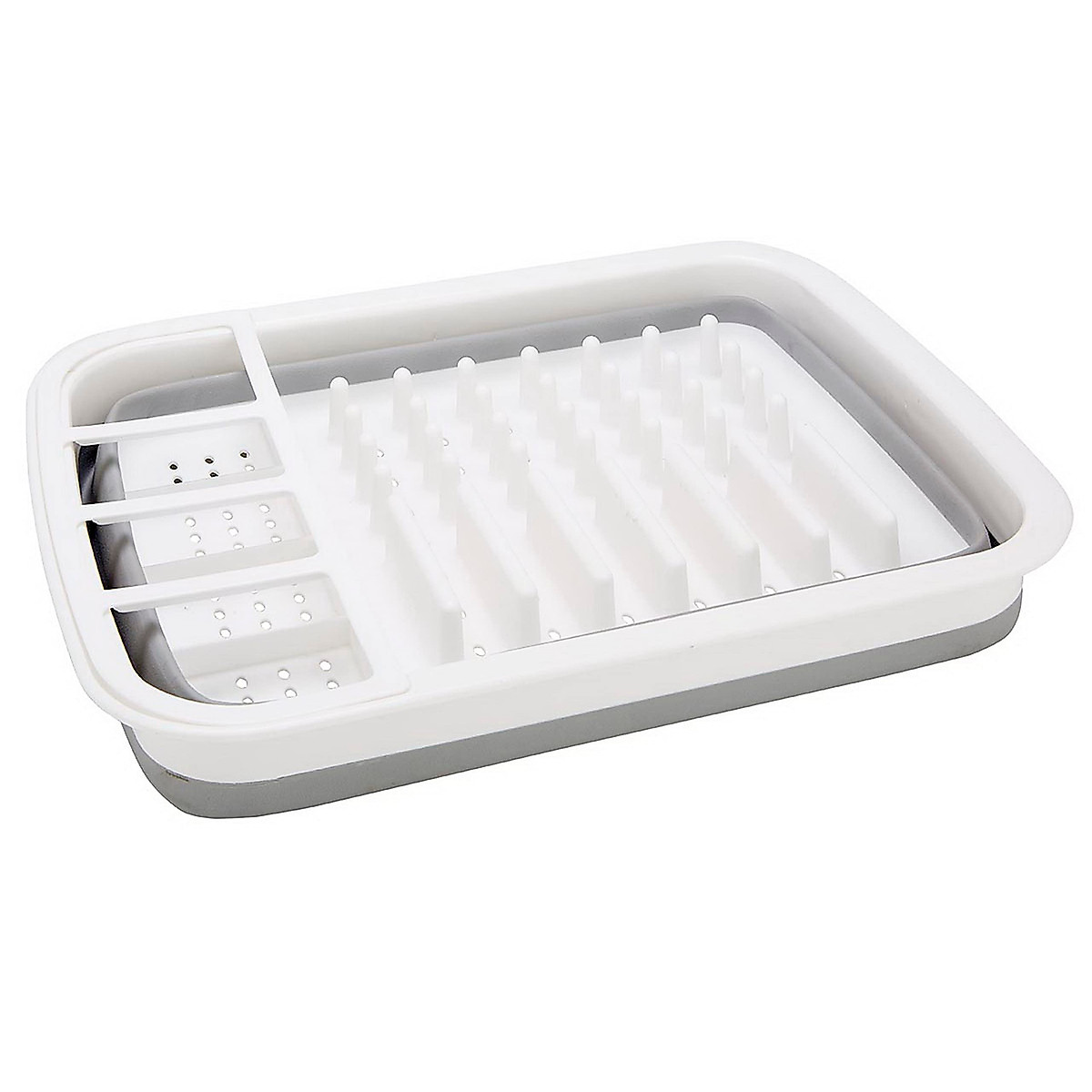 Kitchen Details Collapsible Dish Drying Rack | Space Saver | Aerated Bases Drain Holes | Plates, Bowls, Utensils Compartments | Countertop and Sink Storage | White/Grey