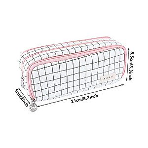 Oyachic Cute Plaid Pencil Case Large Striped Makeup Pouch Cosmetic Organizer Bags 3 Layer Zipper Pen Holder for Women School