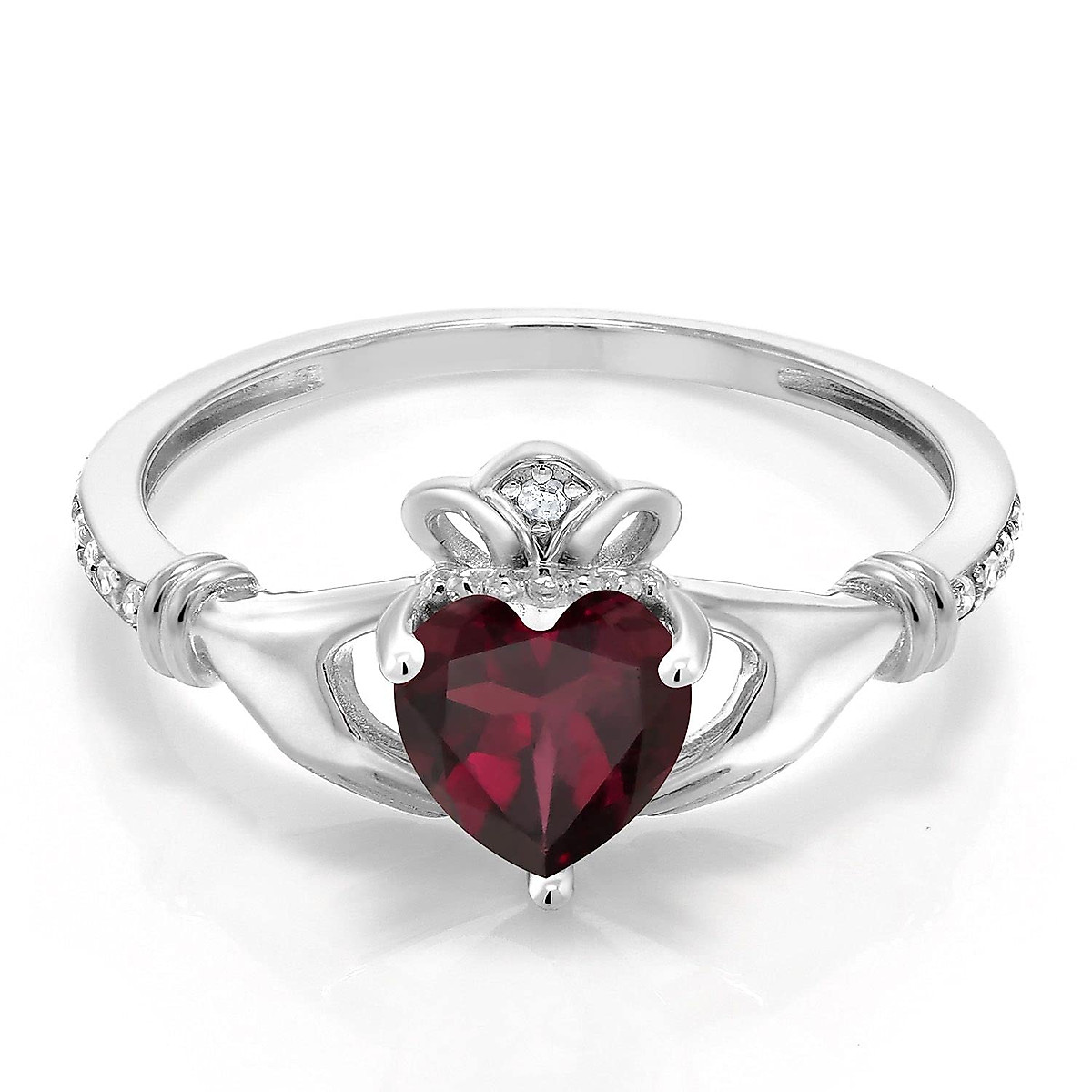 Gem Stone King 10K White Gold Heart Shape Red Rhodolite Garnet and White Diamond Irish Celtic Claddagh Women Ring (0.78 Cttw, Gemstone Birthstone, Available In Size 5, 6, 7, 8, 9)