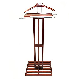 Proman Products Kyoto Suit Valet Stand VL36220 with Large Top Tray, Contour Hanger, Trouser Bar, Tie & Belt Hooks, 17” W x 12.5”D x 45”H, Mahogany