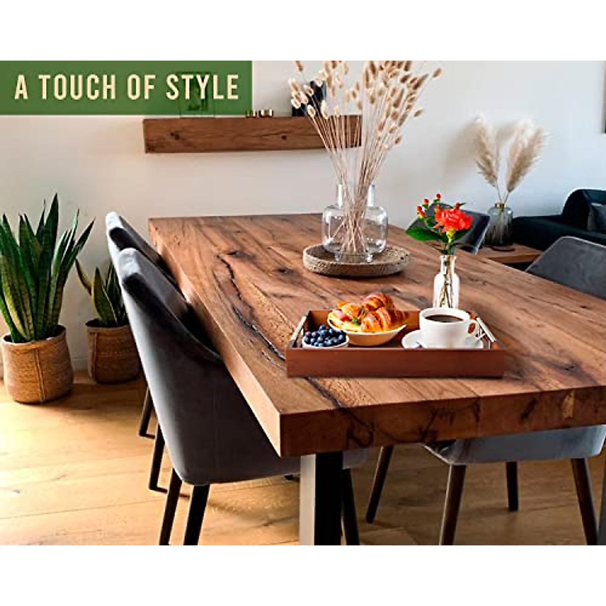 Set of 2 Modern Bamboo Serving Trays with Metal Handles – Bamboo Nesting Trays – Large, and Small Trays Set for Food, Ottoman Décor & More – Bamboo Trays for Breakfast - Brown