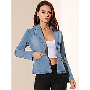 Allegra K Women's Notched Lapel One Button Long Sleeve Business Washed Denim Blazer Medium Light Blue