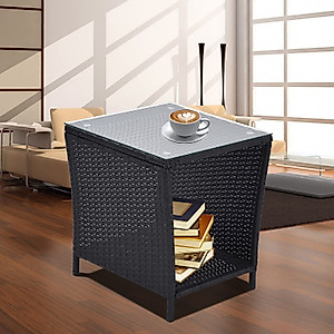 Koruiten Patio Wicker Storage Side Table,Outdoor PE Rattan Woven Coffee End Table with Tempered Glass Top for Indoor Outdoor Porch Lawn Poolside Garden Backyard Balcony(Black)
